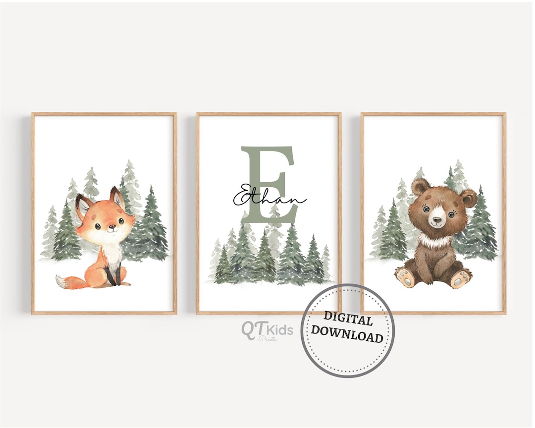 Custom Name Woodland Nursery Prints, Personalized Baby Name Prints ...