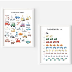 Transport Alphabet Numbers Prints, Set of 2 Vehicles ABC Prints, Boy ...