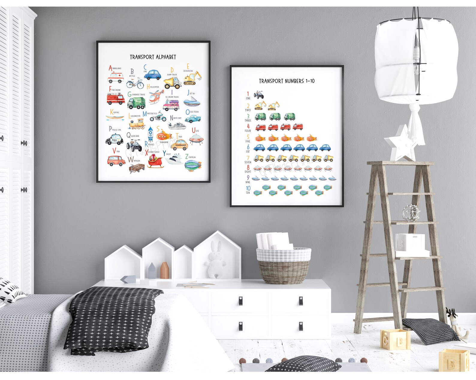 Transport Alphabet Numbers Prints, Set of 2 Vehicles ABC Prints, Boy ...