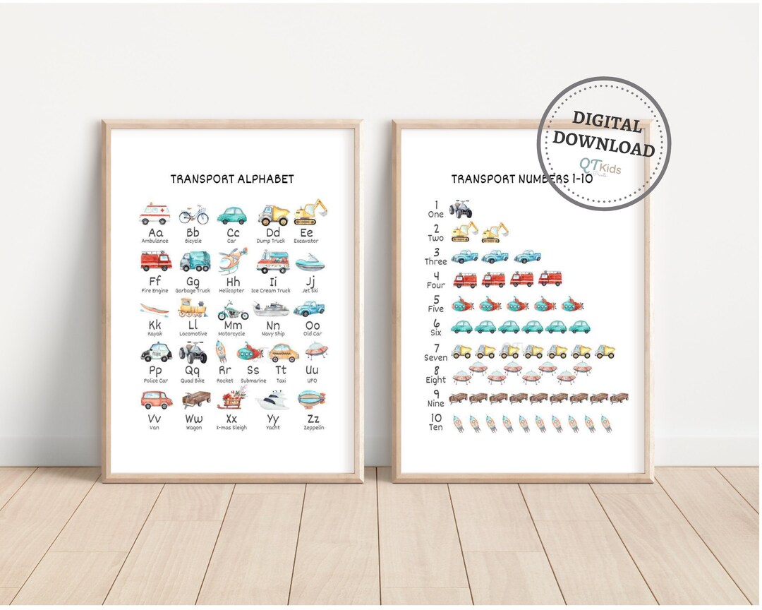 Transport Alphabet and Numbers Print Set, Transport Posters, Car Abc ...