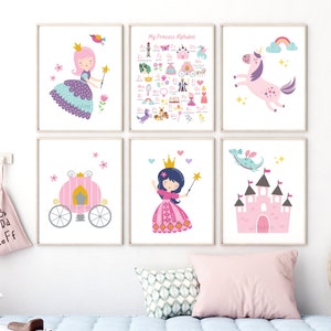 Princess ABC Prints, Girl Nursery Print Set of 6, Playroom Princess ...