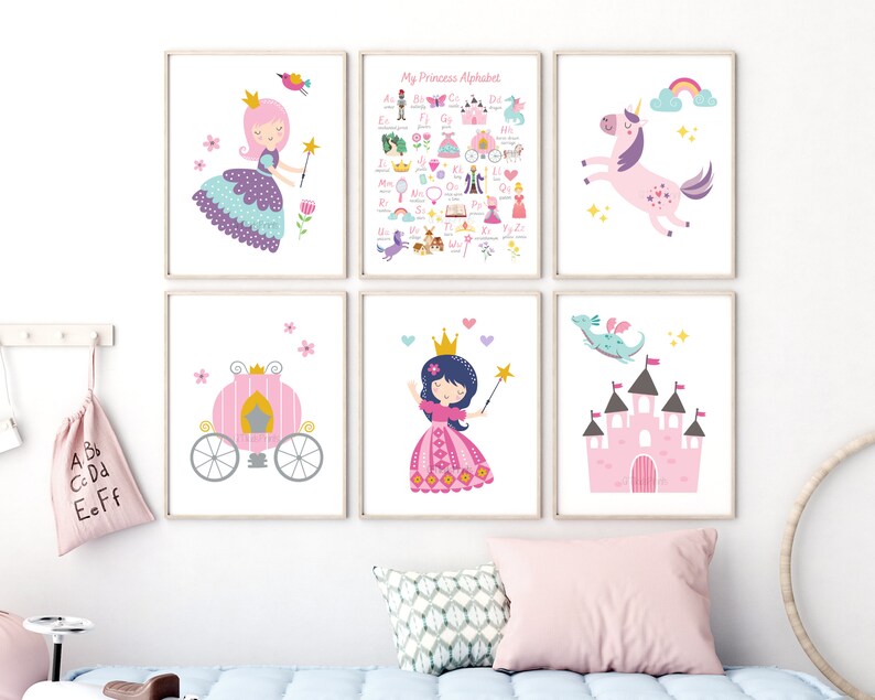 Princess ABC Prints, Girl Nursery Print Set of 6, Playroom Princess ...