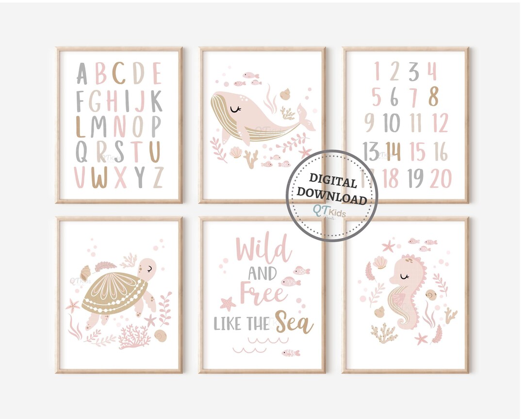 Sea Animals Alphabet Numbers Nursery Prints, Set of 6 ABC Posters ...