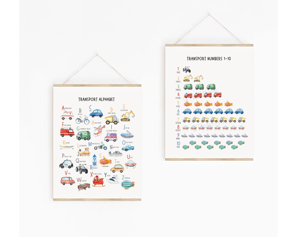 Transport Alphabet Numbers Prints Set of 2 Vehicles ABC - Etsy Canada