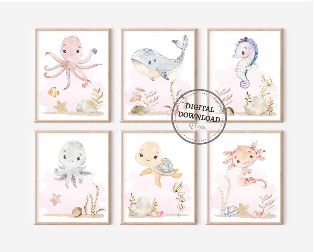 Pink Sea Animal Nursery Prints, Ocean Animal Printable Wall Art ...