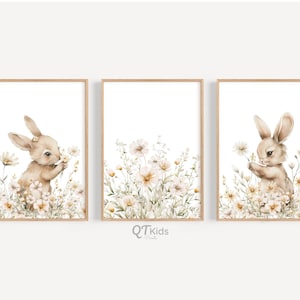 Bunny Wildflowers Printable Wall Art, Girl Nursery Prints, Beige Floral ...