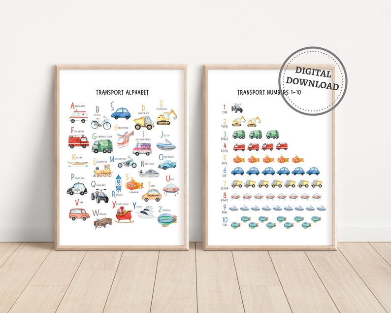 Transport Alphabet Numbers Prints Set of 2 Vehicles ABC - Etsy Canada