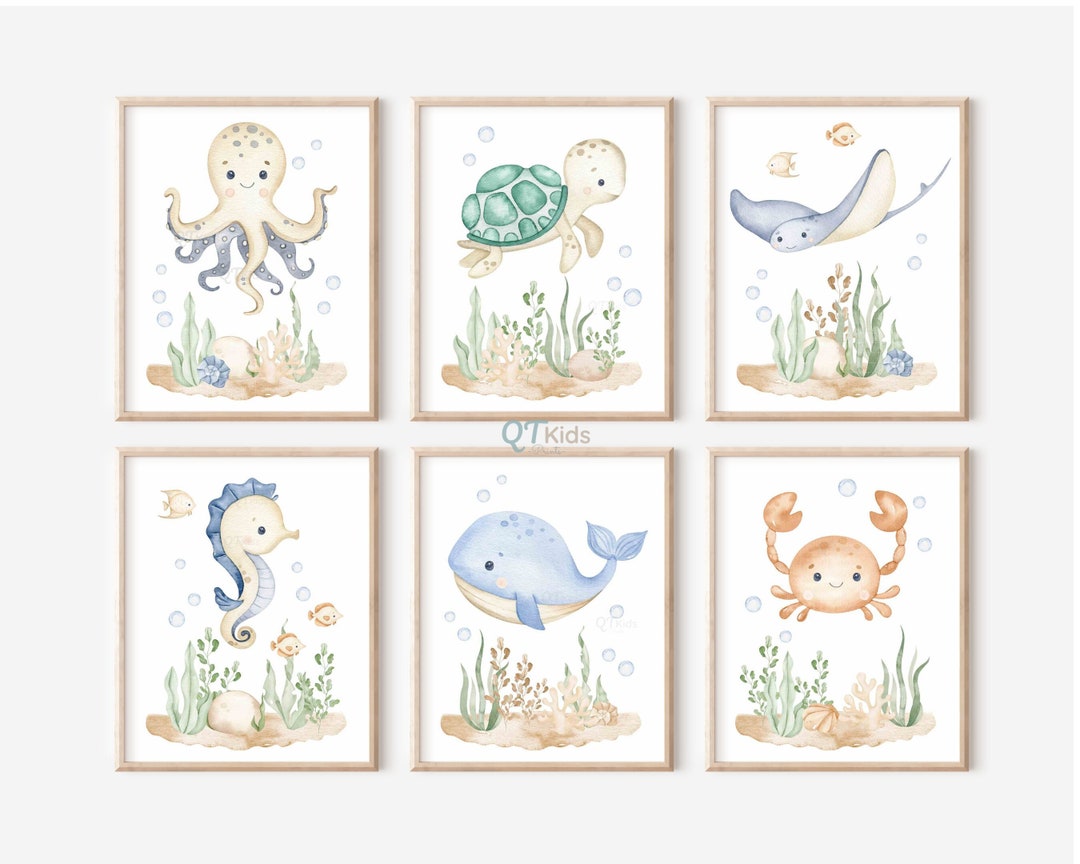 Under the Sea Nursery Prints, Nautical Ocean Animal Posters, Neutral ...