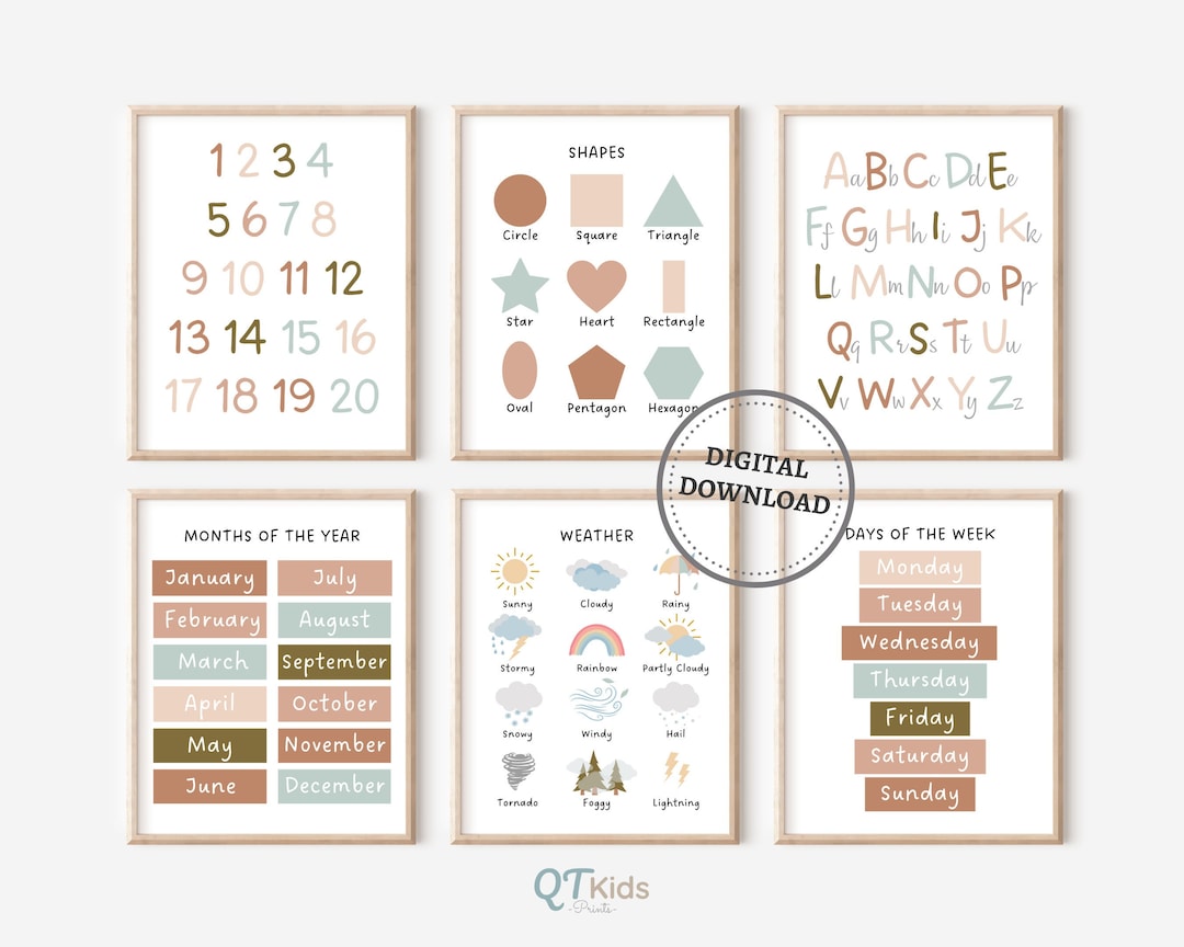 Neutral Educational Posters, Alphabet Numbers Weather Shapes Prints ...