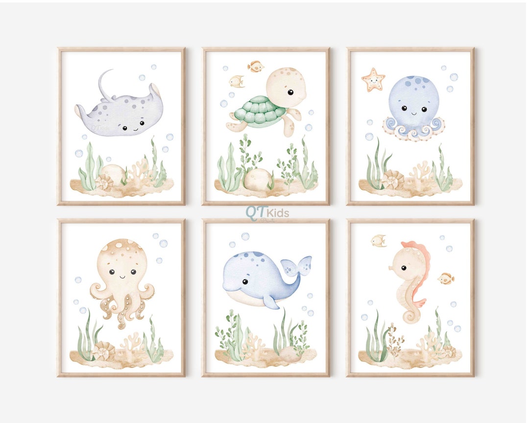 Under the Sea Nursery Prints, Nautical Ocean Animal Posters, Neutral ...