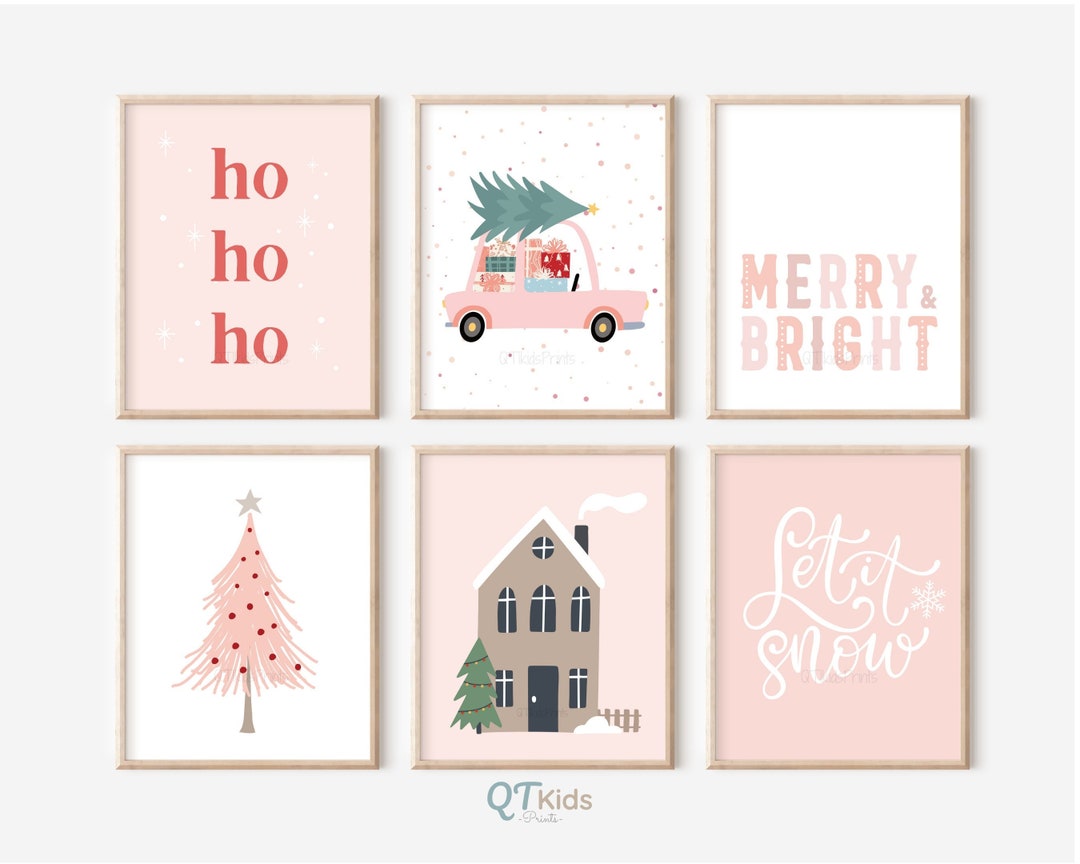 Pink Christmas Print Set of 6, Girl Room Xmas Decor, Merry & Bright ...
