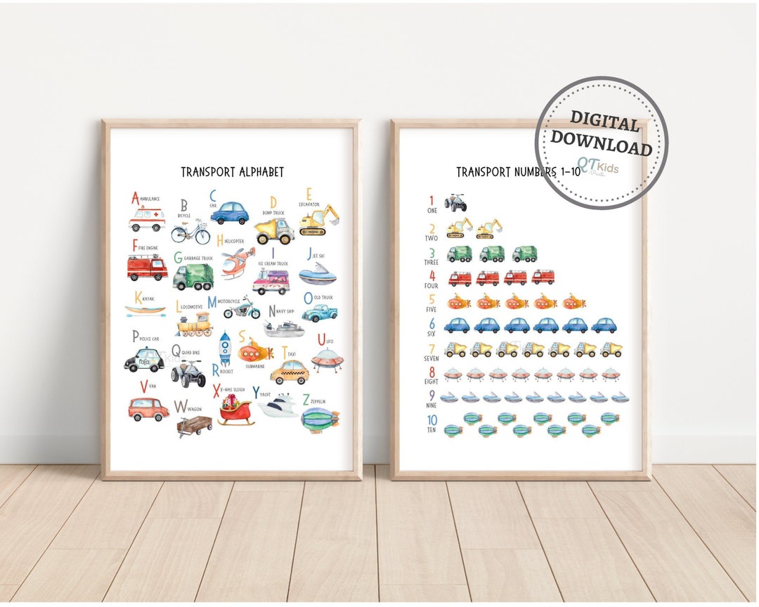 Transport Alphabet Numbers Prints, Set of 2 Vehicles ABC Prints, Boy ...