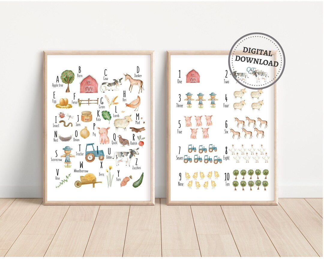 Farm Alphabet Numbers Prints, ABC Poster, Numbers 1-10, Pre-school ...
