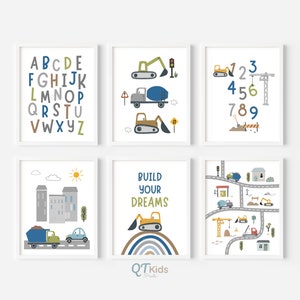 Construction Truck Alphabet Numbers Prints Set of 6, Boy Room Printable ...