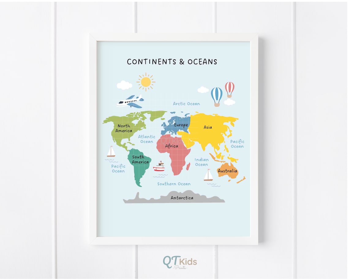 Continents Oceans Educational Print, Montessori Classroom Wall Art ...