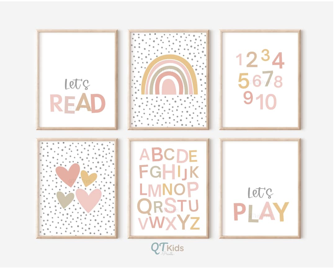 Alphabet Numbers Nursery Prints Set of 6, Girl Room Wall Art, Boho ...