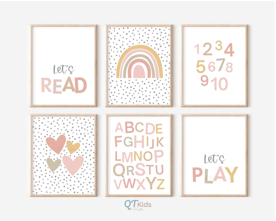 Alphabet Numbers Nursery Prints Set of 6 Girl Room Wall Art - Etsy