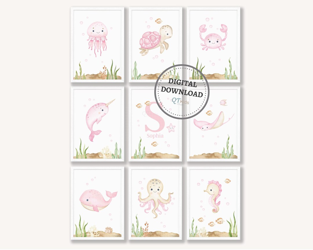 Personalized Sea Animal Nursery Prints, Ocean Animal Posters, Baby Name ...