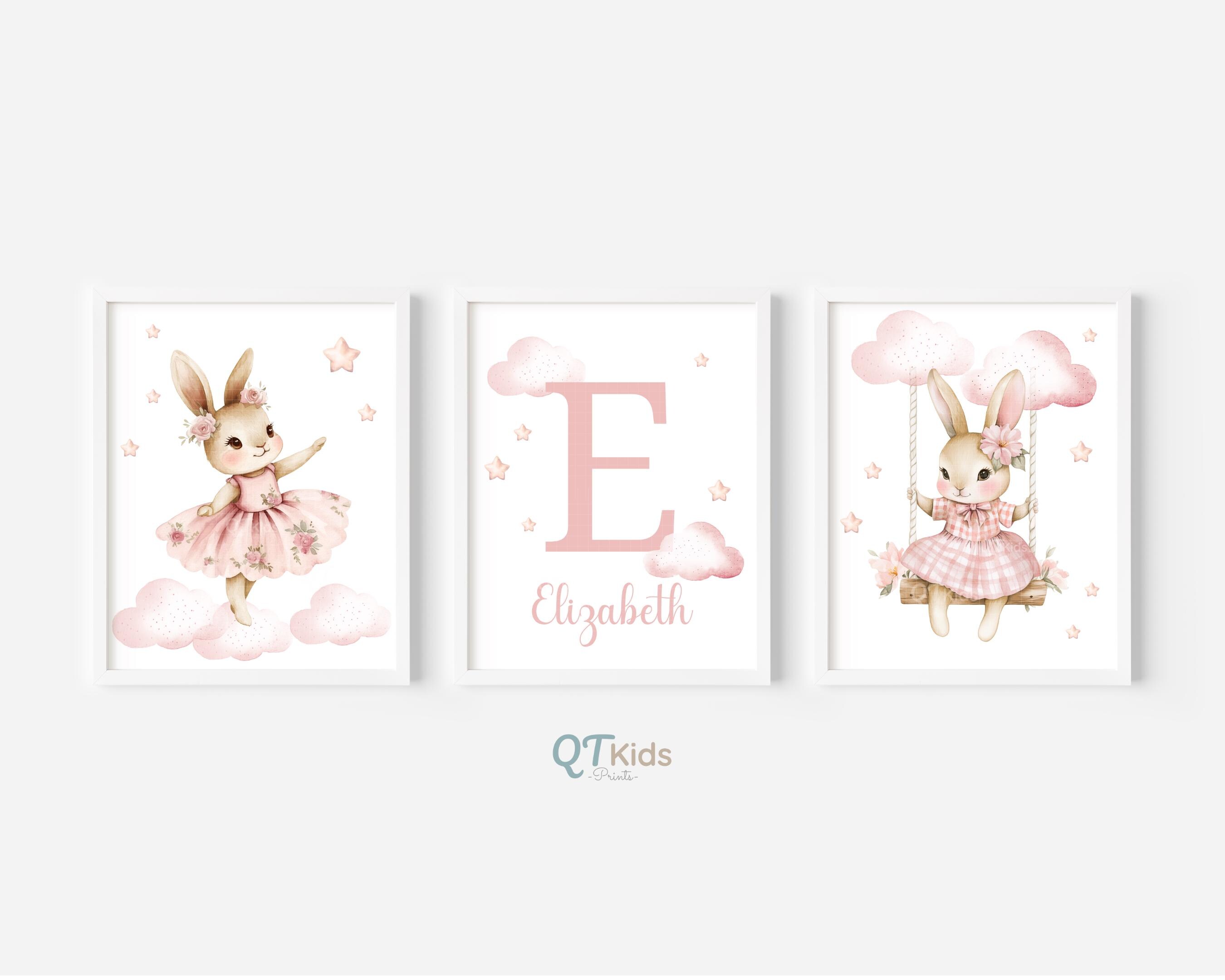 Personalized Pink Bunnies Nursery Prints, Baby Name Prints, Girl Room ...