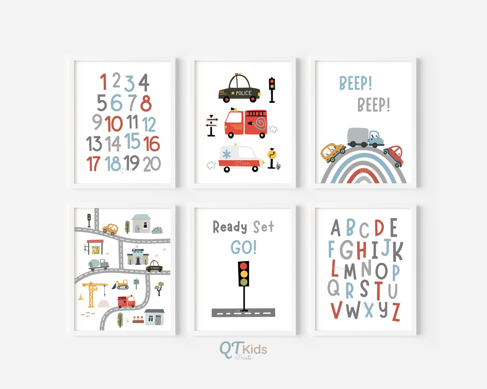 Transport Alphabet Numbers Prints Set of 6, Boy Room Printable Wall Art ...