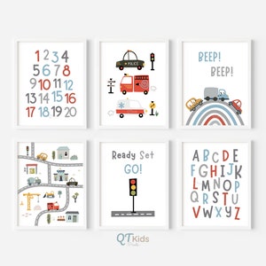 Transport Alphabet Numbers Prints Set of 6, Boy Room Printable Wall Art ...