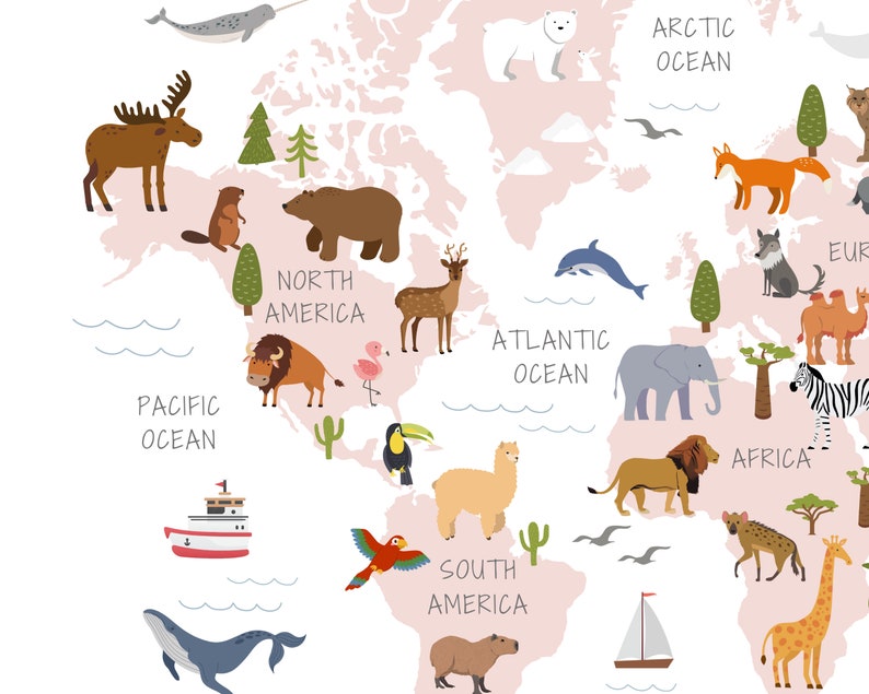 Animal World Map Printable Kids Learning Poster Classroom - Etsy Canada