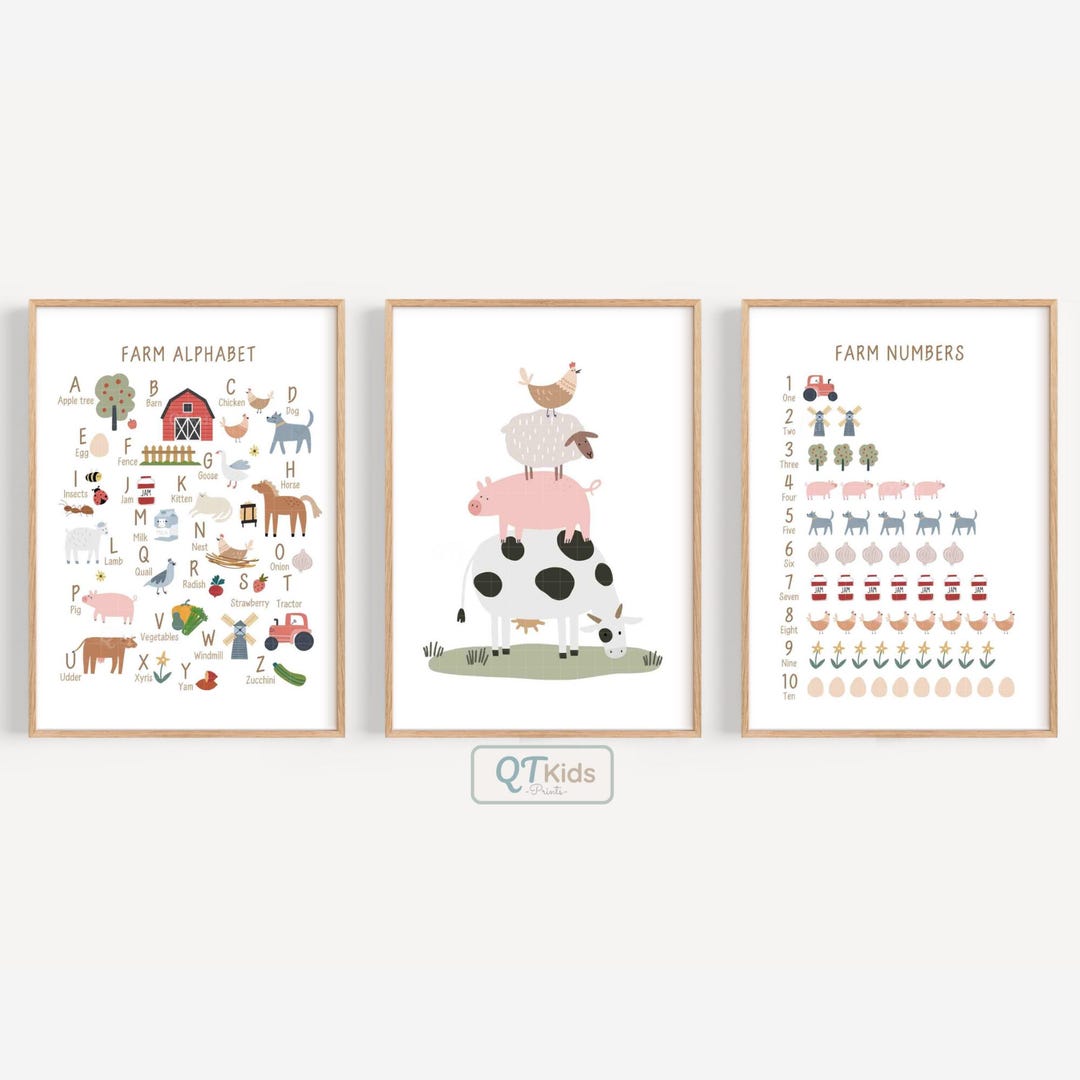 Farm Alphabet Numbers Prints, ABC Poster, Numbers 1-10, Pre-school ...