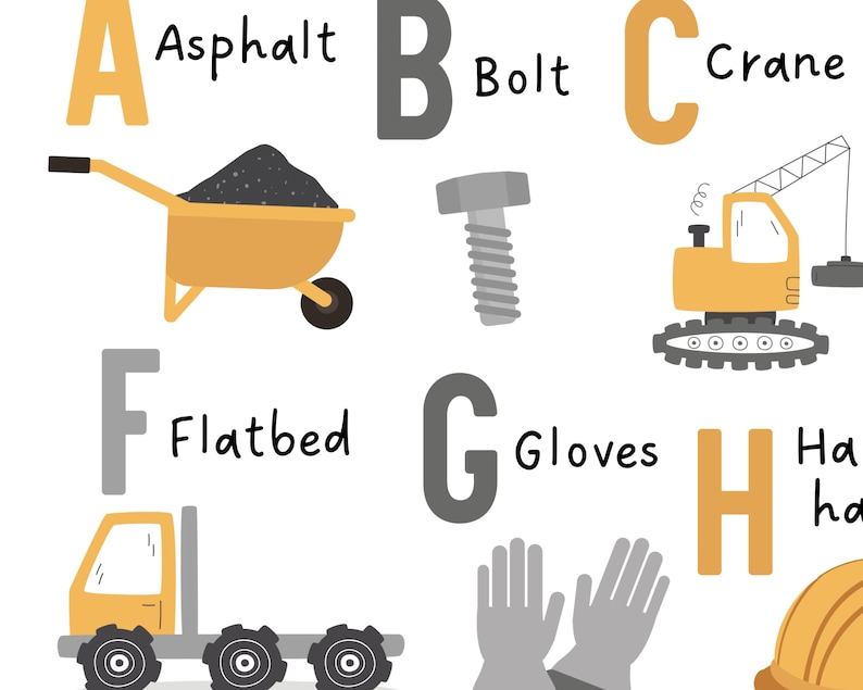 Construction Prints, ABC Alphabet Numbers, Toddler Playroom Decor ...