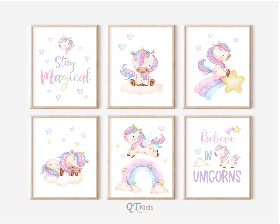 Unicorn Girl Room Printable Wall Art, Set of 6 Unicorn Prints, Believe ...