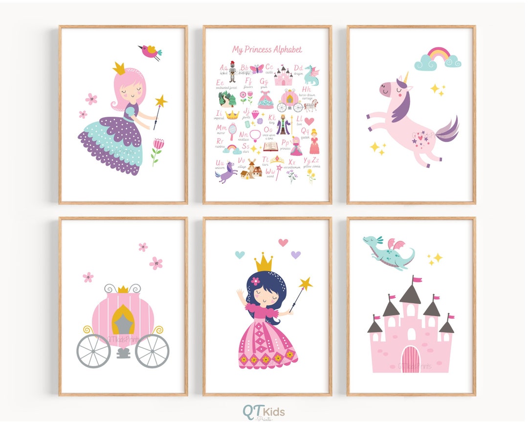 Princess ABC Prints, Girl Nursery Print Set of 6, Playroom Princess ...