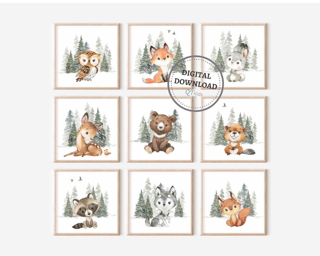 Woodland Nursery Prints, Set of 9 Forest Animal Nursery Wall Art ...