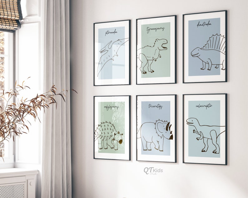 Dinosaur Prints, Hand Drawn Dinosaur Wall Art, Kids Room Blue Green ...