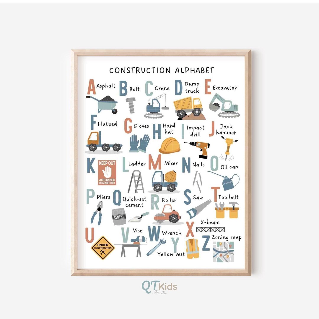 Construction Prints, ABC Alphabet Numbers, Toddler Playroom Decor ...