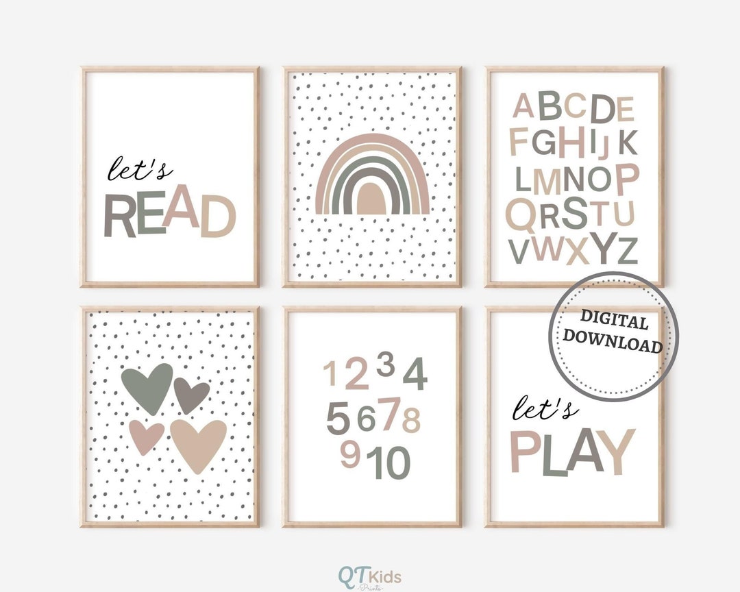 Neutral Alphabet Number Posters, Boho Rainbow Print, Gender Neutral ...