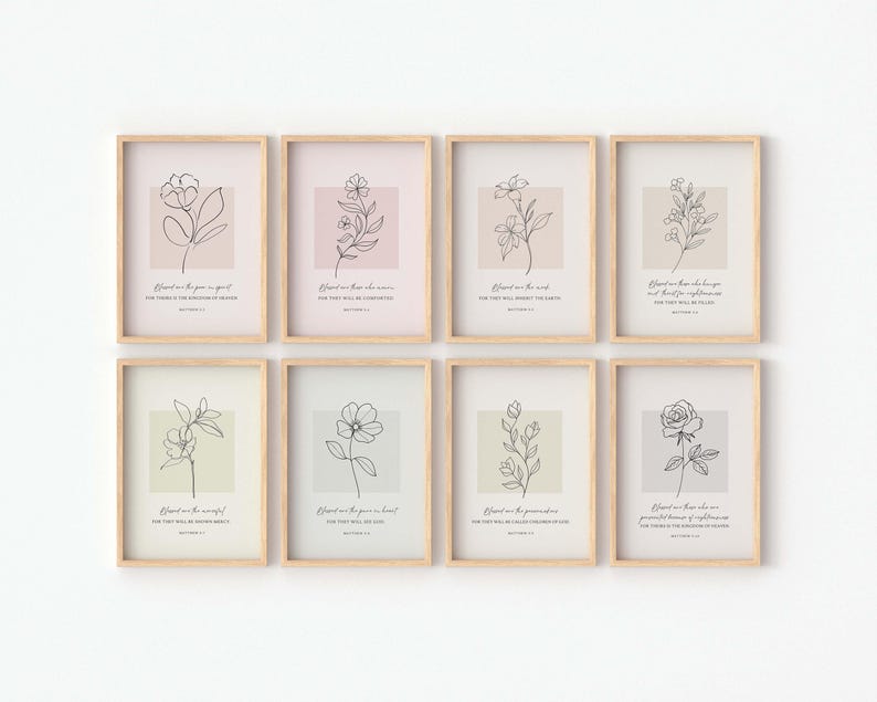 Beatitudes Floral Line Art Prints, Matthew 5:3-10, Set of 8 (digital ...