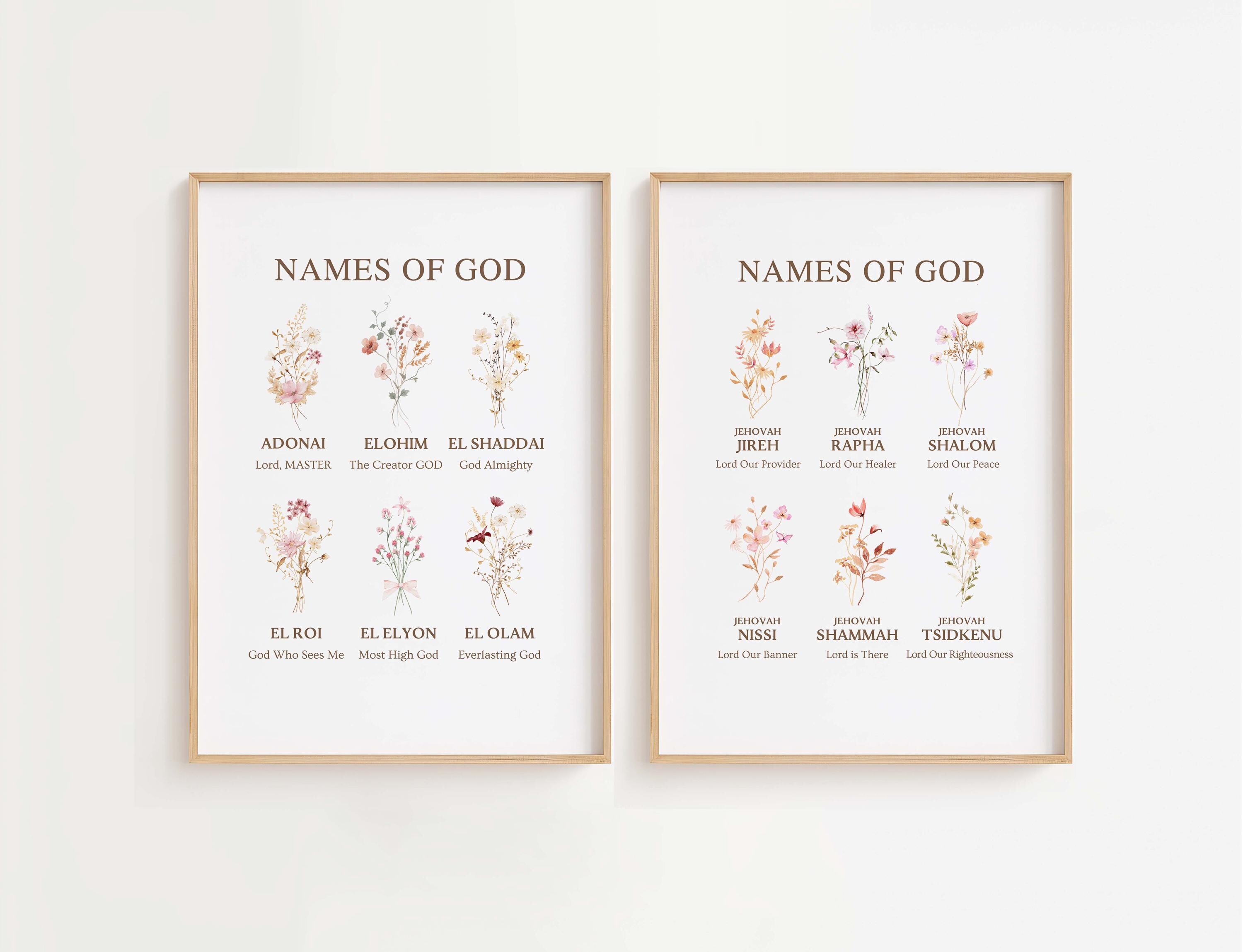 Set of 2 Hebrew Names of God Wall Art Print, Floral Bible Verse Set ...