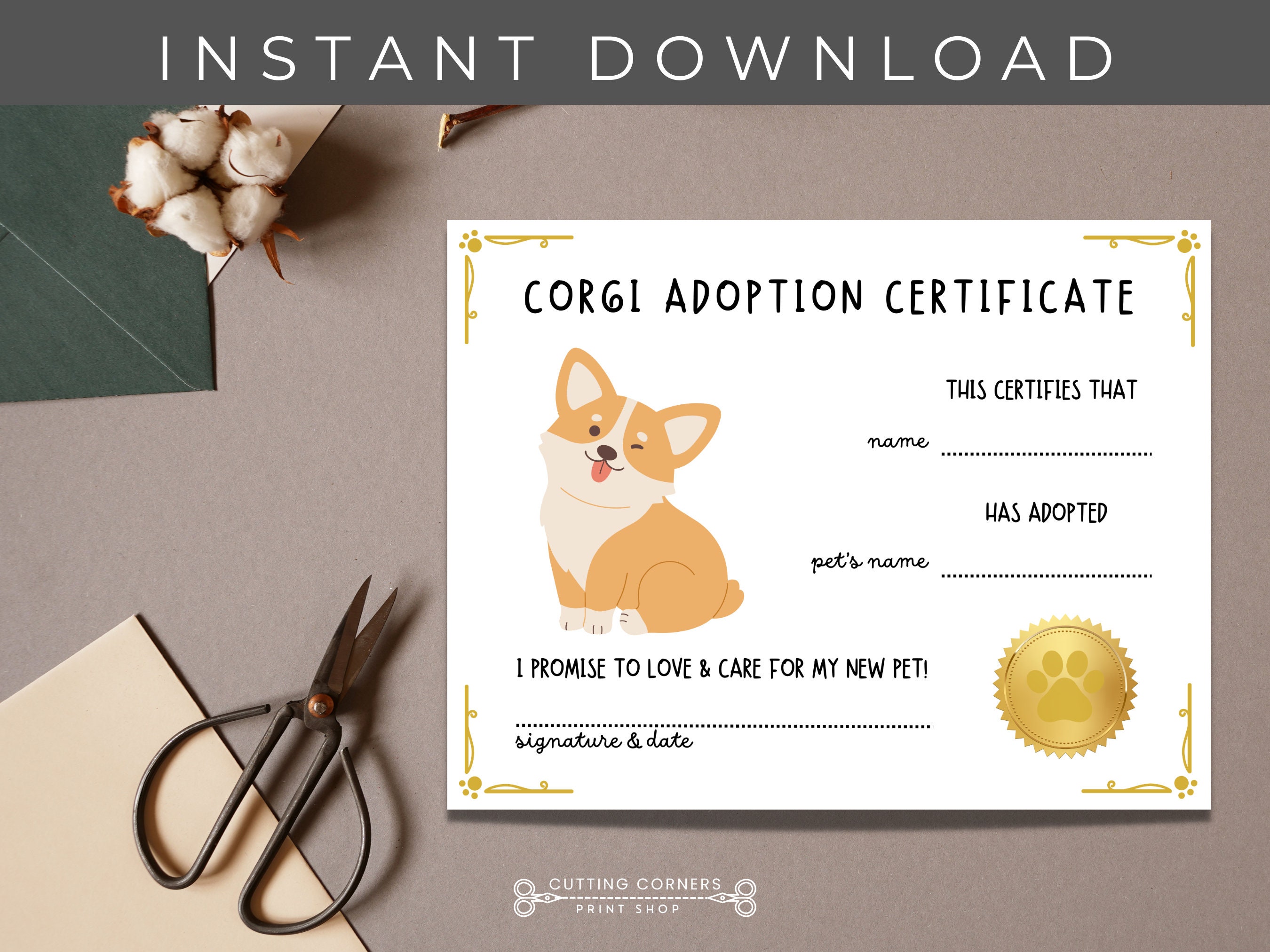 Printable Corgi Adoption Certificate, New Puppy Keepsake, Dog Puppy ...