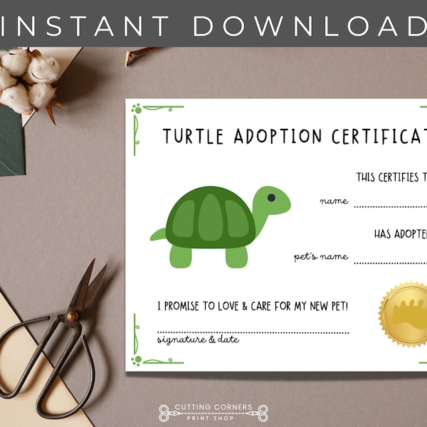 Printable Turtle Adoption Certificate, New Pet Keepsake, Pet Turtle ...