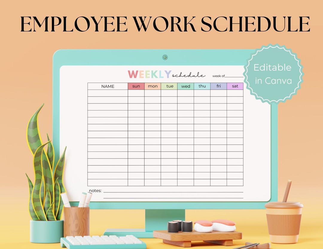 Editable Printable Weekly Schedule, Weekly Staff Shifts, Employee Work ...