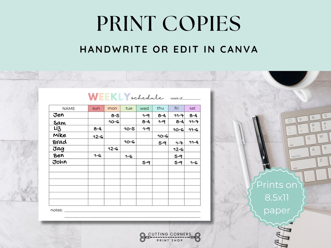 Editable Printable Weekly Schedule, Weekly Staff Shifts, Employee Work ...
