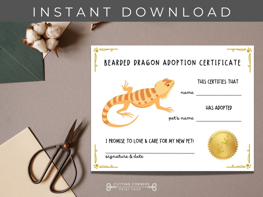 Printable Bearded Dragon Adoption Certificate, New Pet Keepsake, Bearded Dragon Gift, Kid's Pet ...