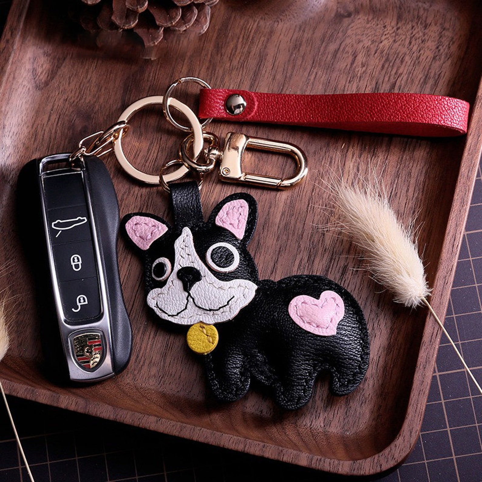 Luxury Boston Terrier Keychain Leather Dog Keychain Puppy Leather ...