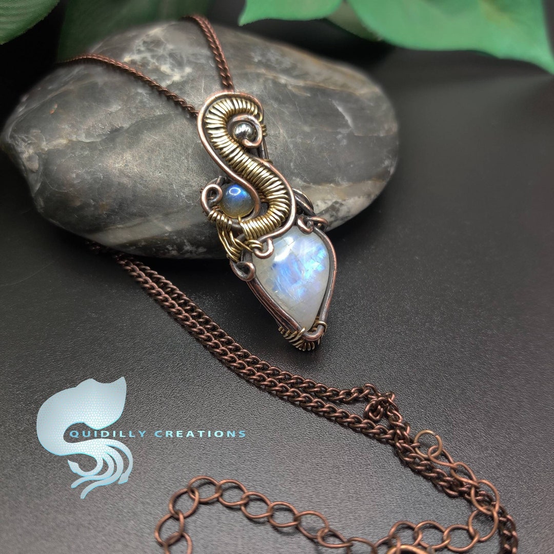 Wire Wrapped Moonstone and Labradorite Pendant - Handmade Crystal ...