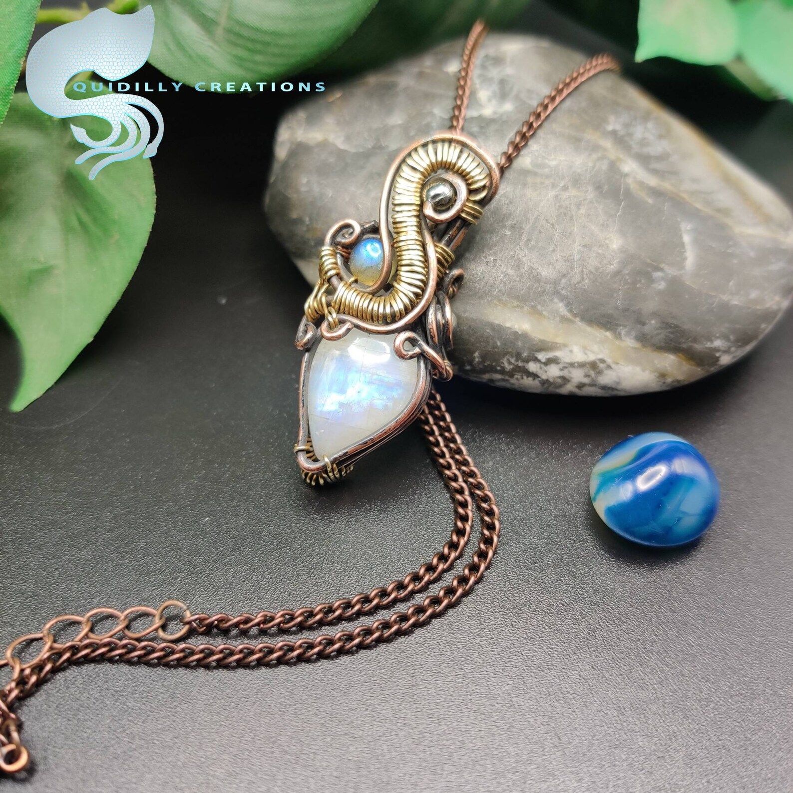 Wire Wrapped Moonstone and Labradorite Pendant - Handmade Crystal ...