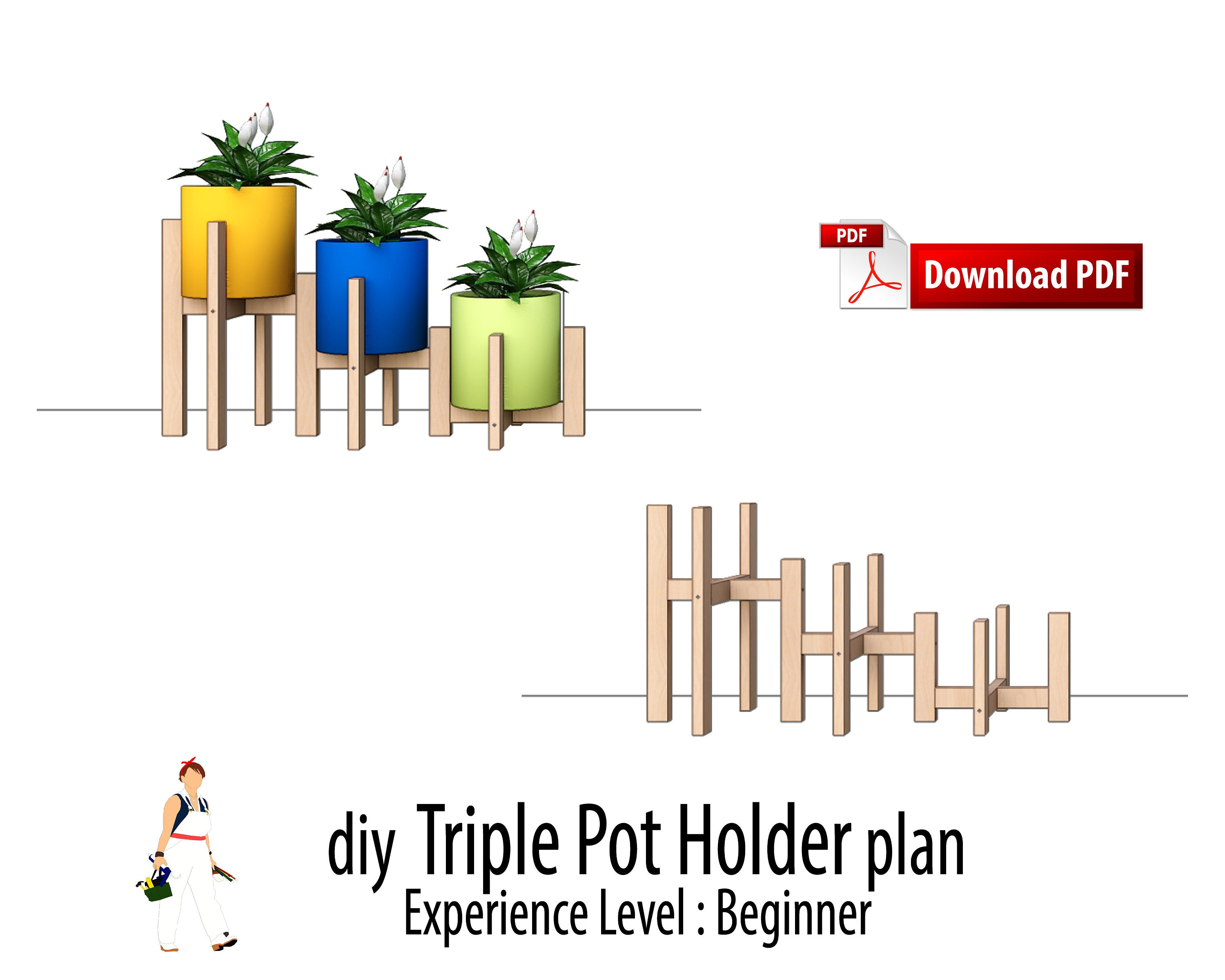 Diy Triple Plant Pot Stand Holder Plan, Trio Flower Plant Stands Set ...