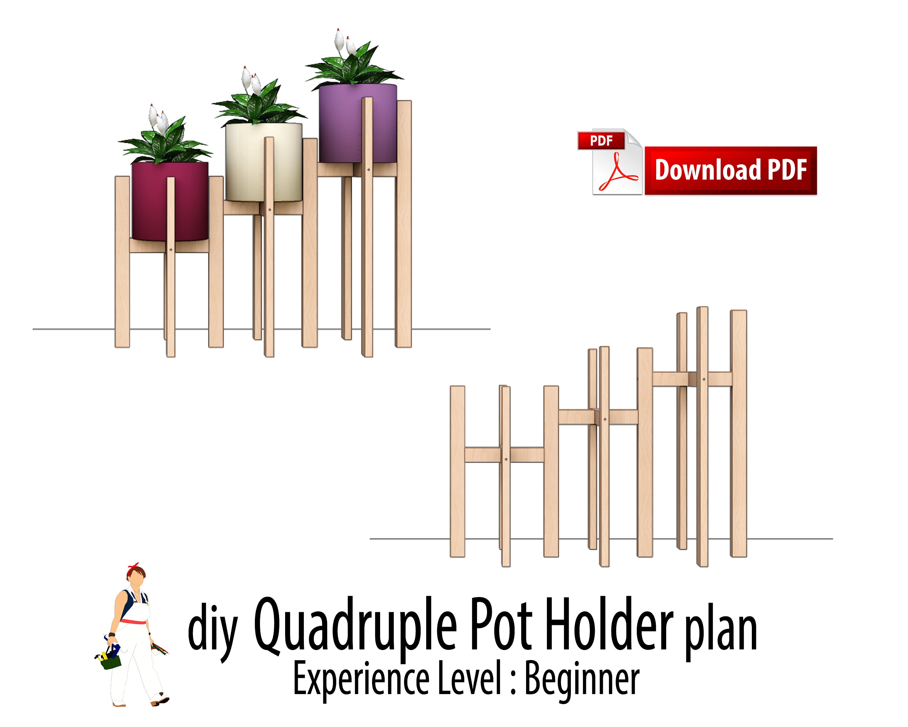 Diy Triple Plant Pot Stand Holder Plan, Trio Flower Plant Stands Set ...