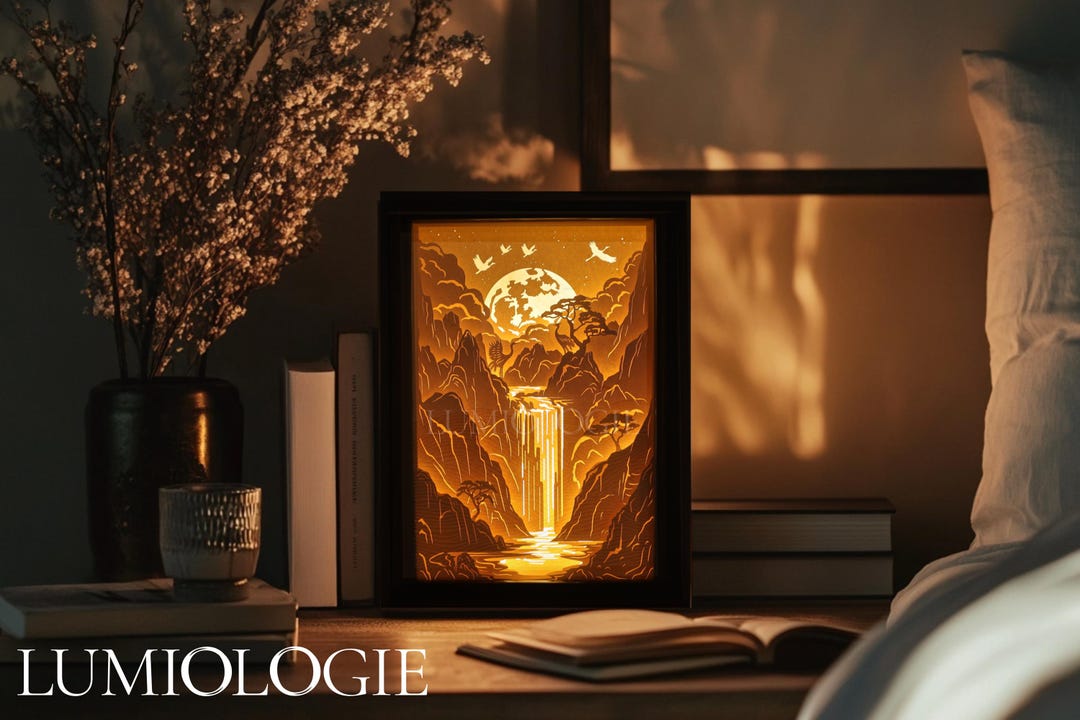 Waterfall Moon Crane Shadowbox Lightbox｜zen Inspired｜japandi Engraved ...