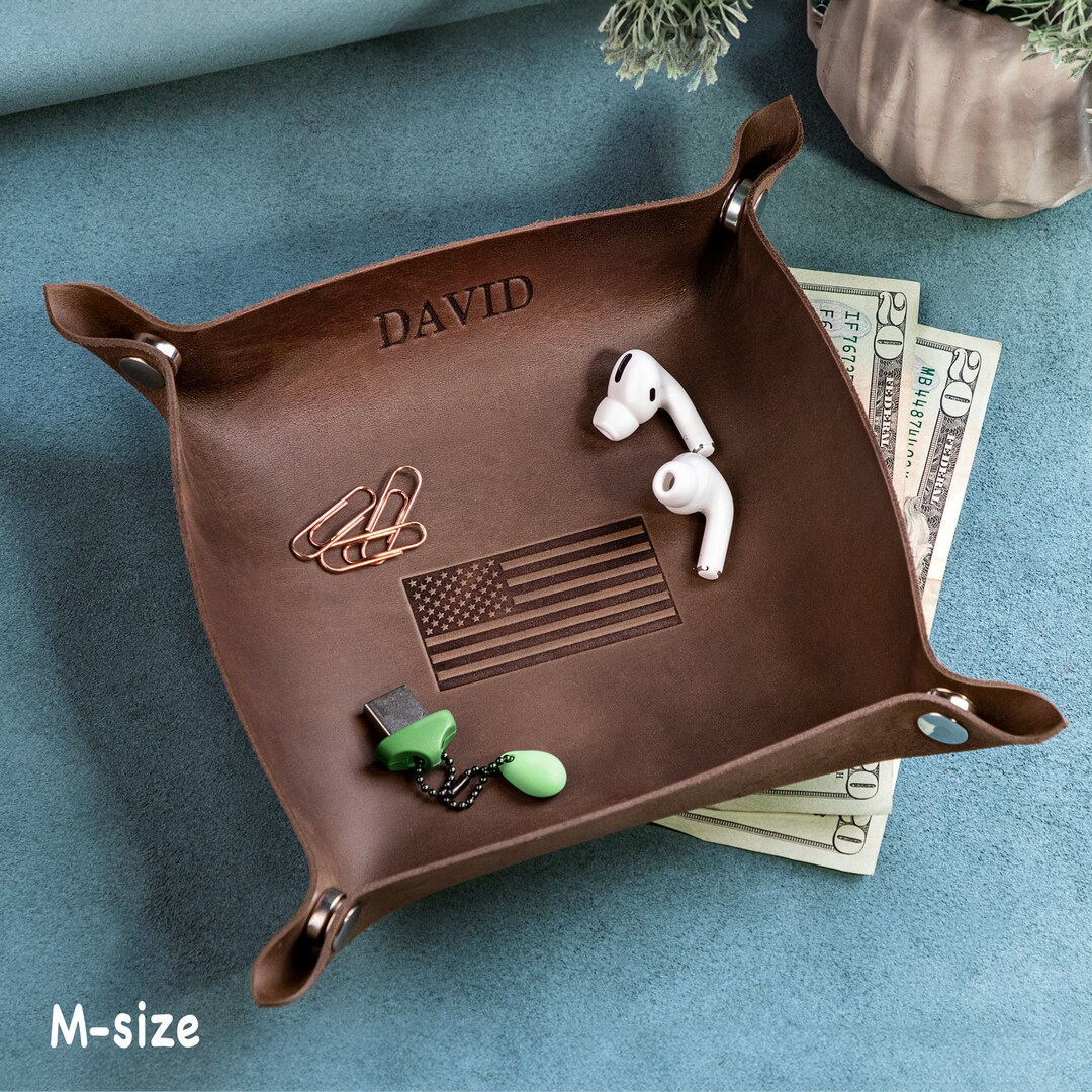 Personalized Engraved Leather Valet Tray Custom Embossed Catchall Tray ...