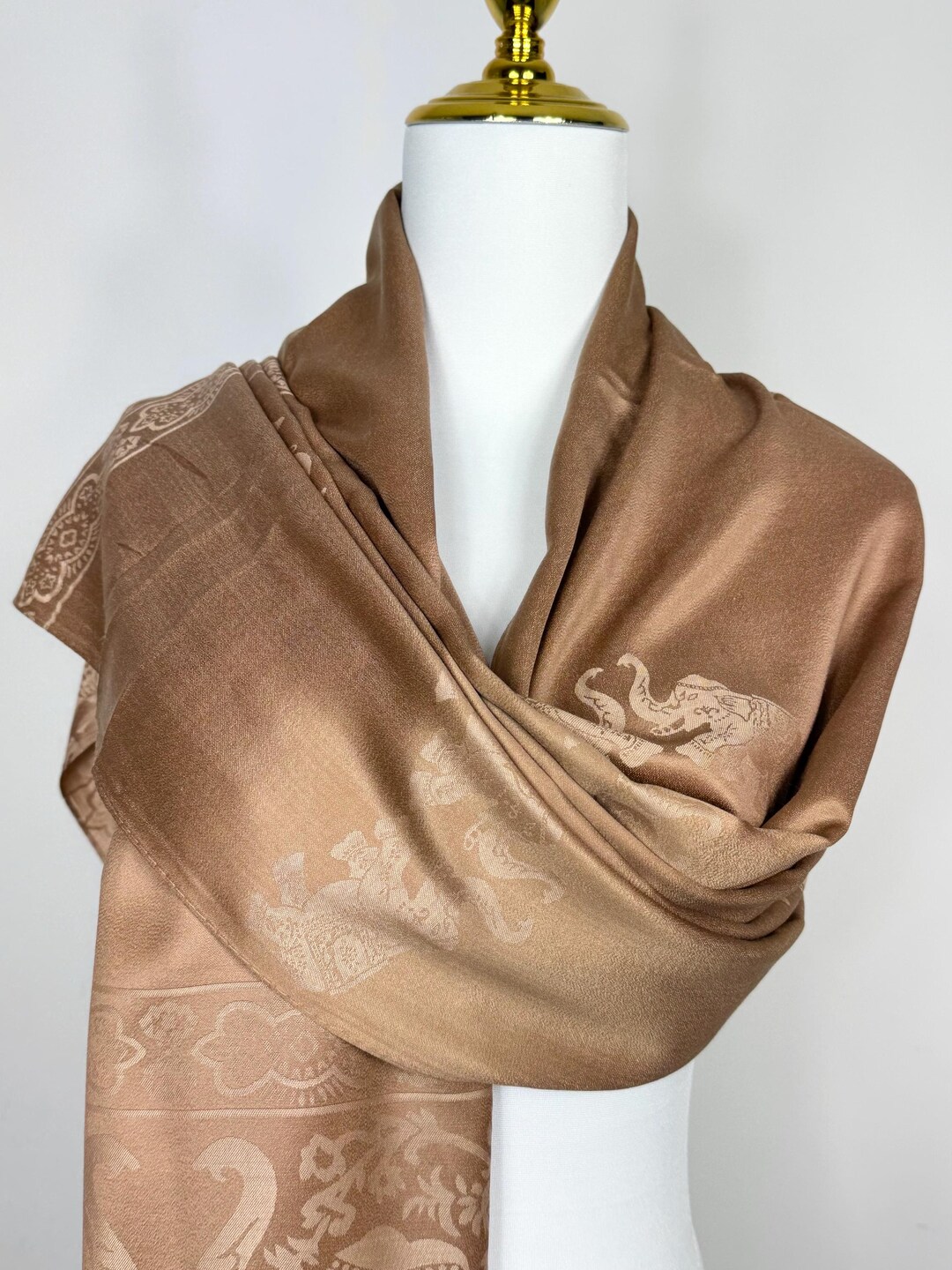 Golden Brown Silk Pashmina Scarf Elephant Print Handmade Shawl Boho ...