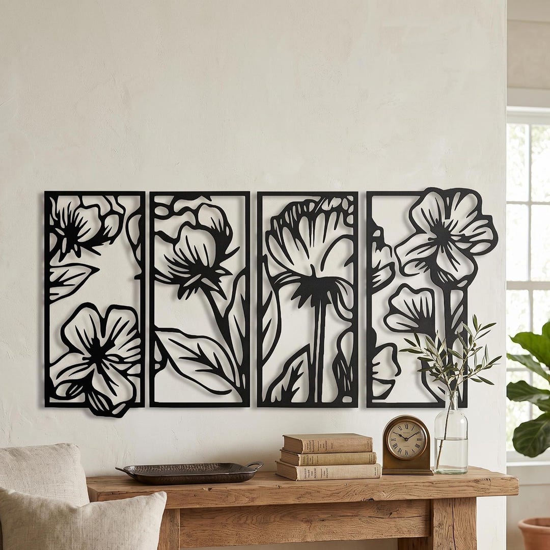 Floral Metal Wall Art - 4 Pcs Flower Garden Decor - Unique Birthday ...
